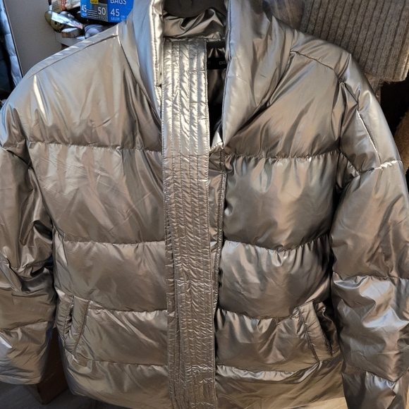 SHEIN | Jackets & Coats | Women Shein Metallic Silver Puffer Coat With ...